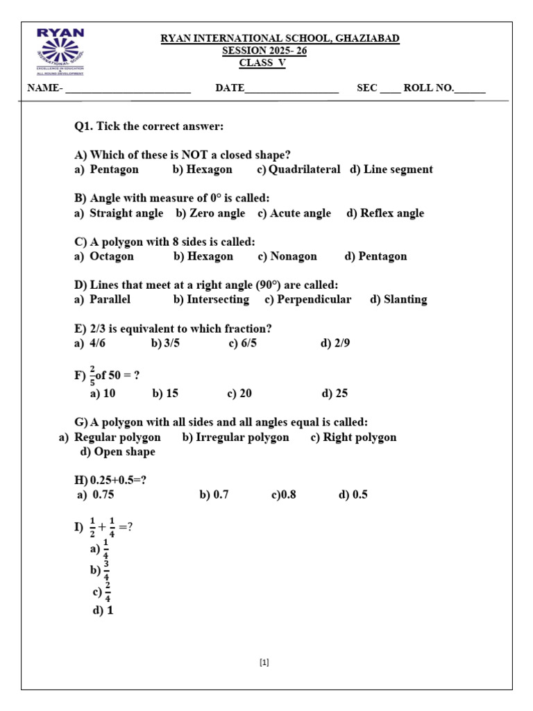 Sample Paper-2 Class 5 | PDF | Polygon | Angle