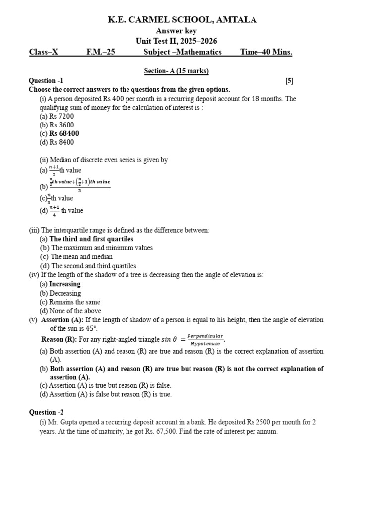 Class X Mathematics Unit Test II Answer Key | PDF