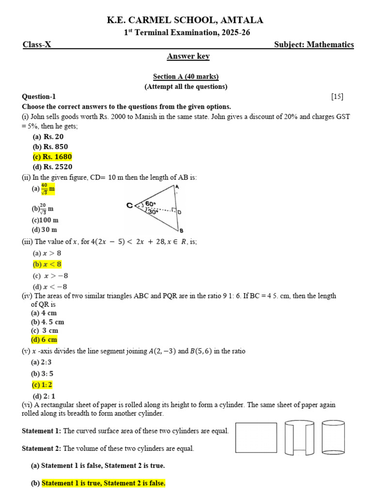 Class X 1st Term Exam Maths 2025-26_Ans Key | PDF | Qualifications | Tests