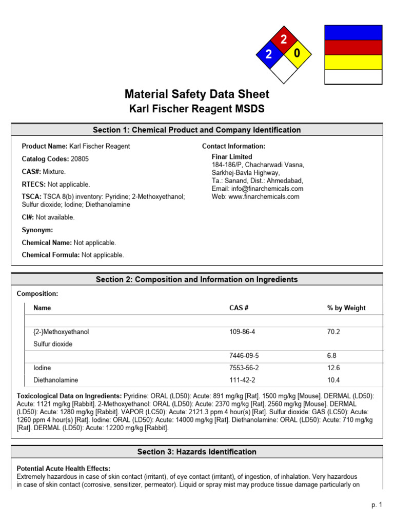 Karl Fischer Reagent MSDS Overview | PDF | Toxicity | Chemistry