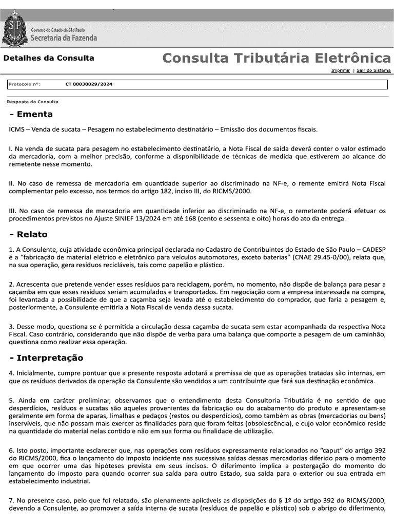 Consulta 30029-2024 Remessa Sucata SP | PDF