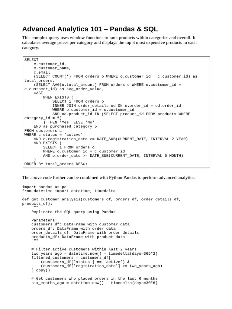 Advanced Analytics 101 - Pandas & SQL - 4 | PDF | Computer Programming ...