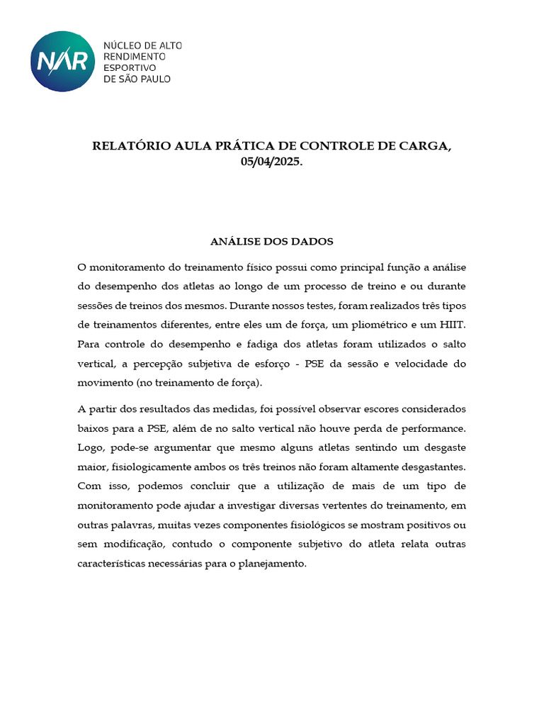 RELATÓRIO AULA PRÁTICA DE CONTROLE DE CARGA | PDF
