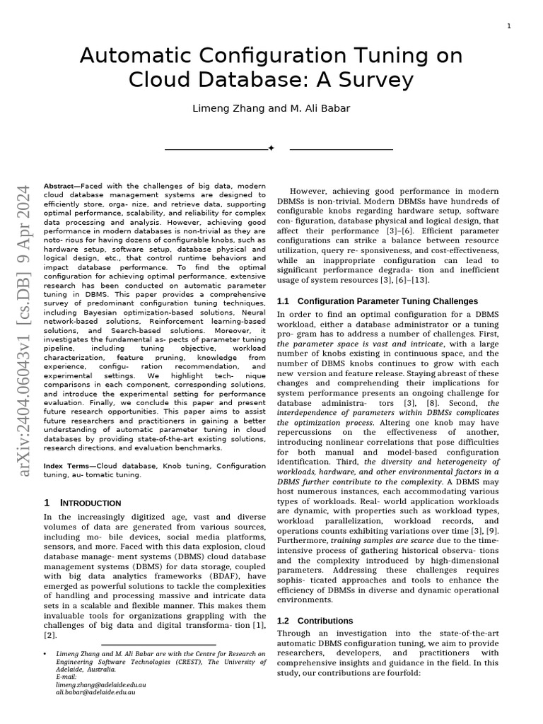 Automatic Configuration Tuning On Cloud Database: A Survey: Limeng ...