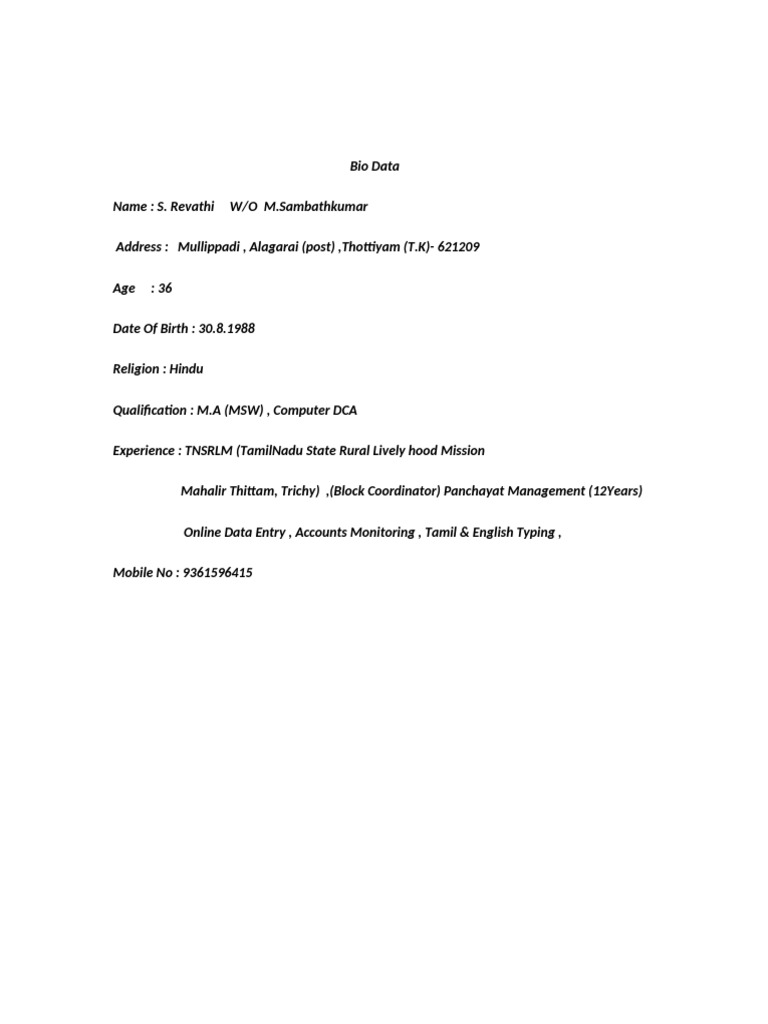 Bio Data of S. Revathi, Block Coordinator | PDF
