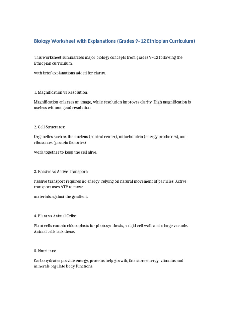 Biology Worksheet With Explanations | PDF