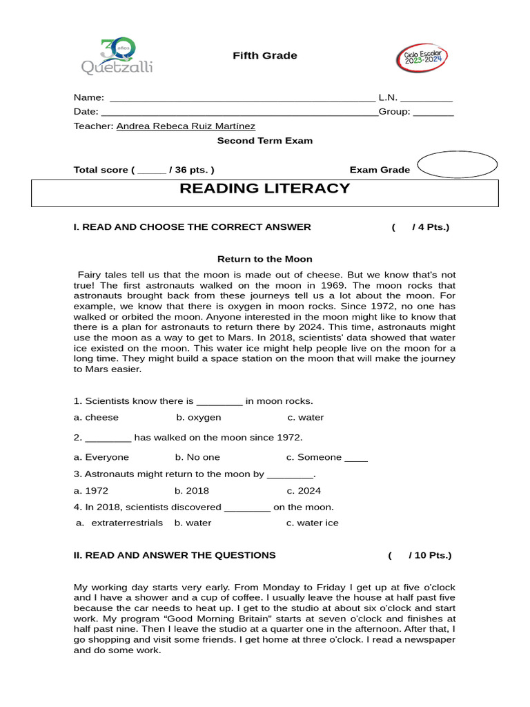 5TH GRADE READING | PDF | Moon | Outer Space