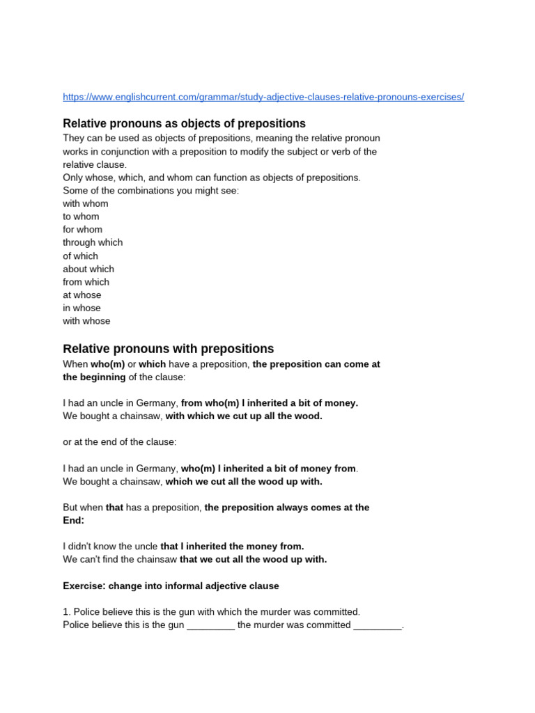 Adjective Clauses with Relative Pronouns | PDF | Syntax | Linguistics
