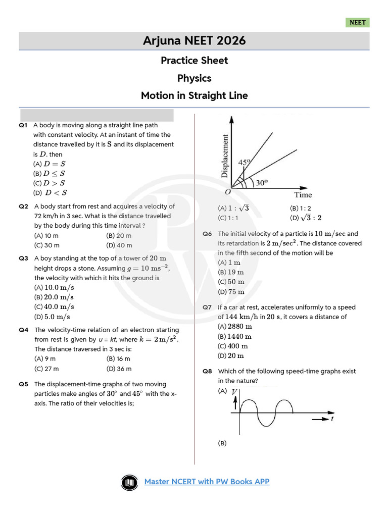 Motion in Straight Line Practice Sheet | PDF | Theory Of Relativity ...