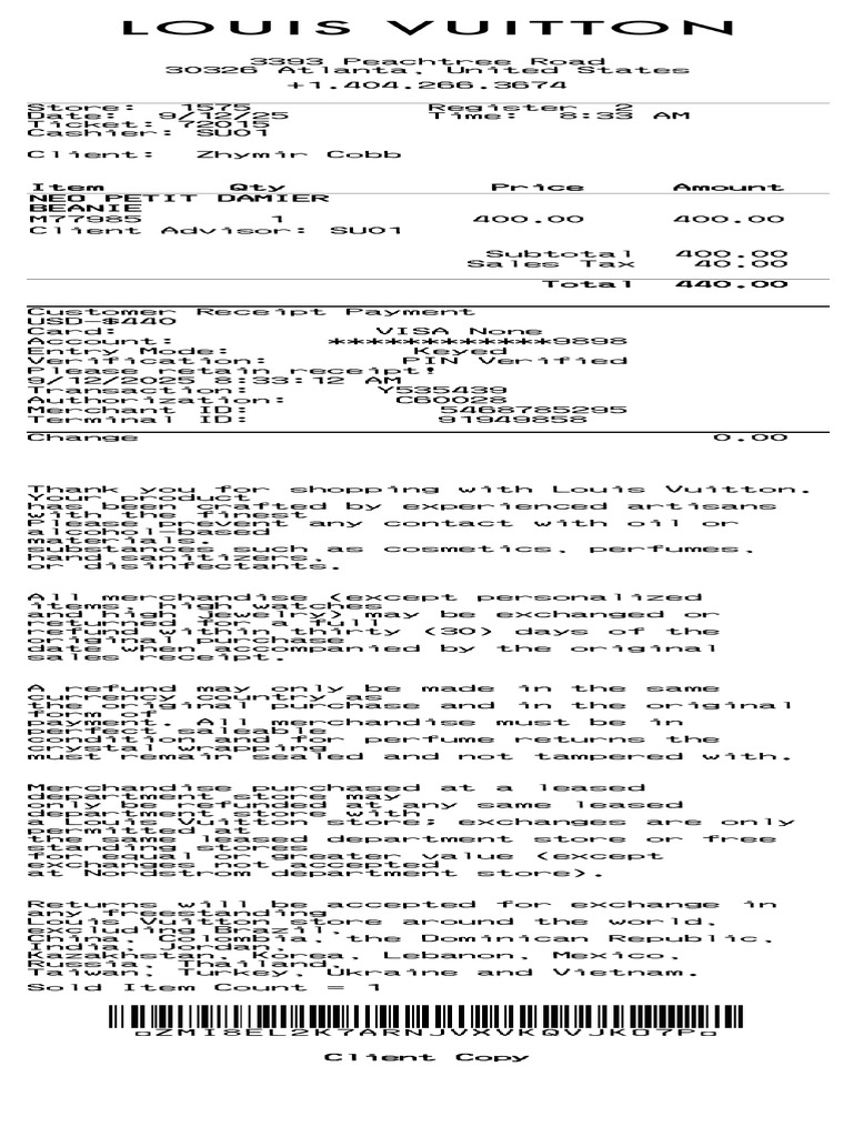 Louis Vuitton Receipt 4c0d7833 8270 4be4 9e41 a502bc96e7da | PDF