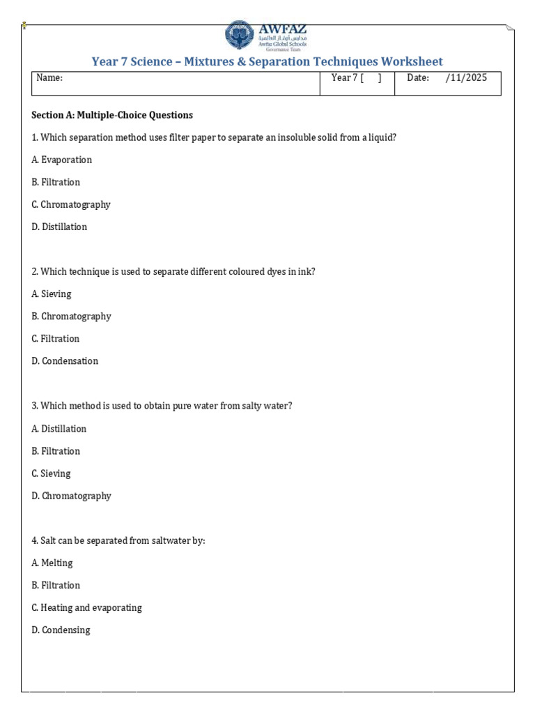Year 7 Mixtures & Separation Techniques Worksheet | PDF | Mixture ...