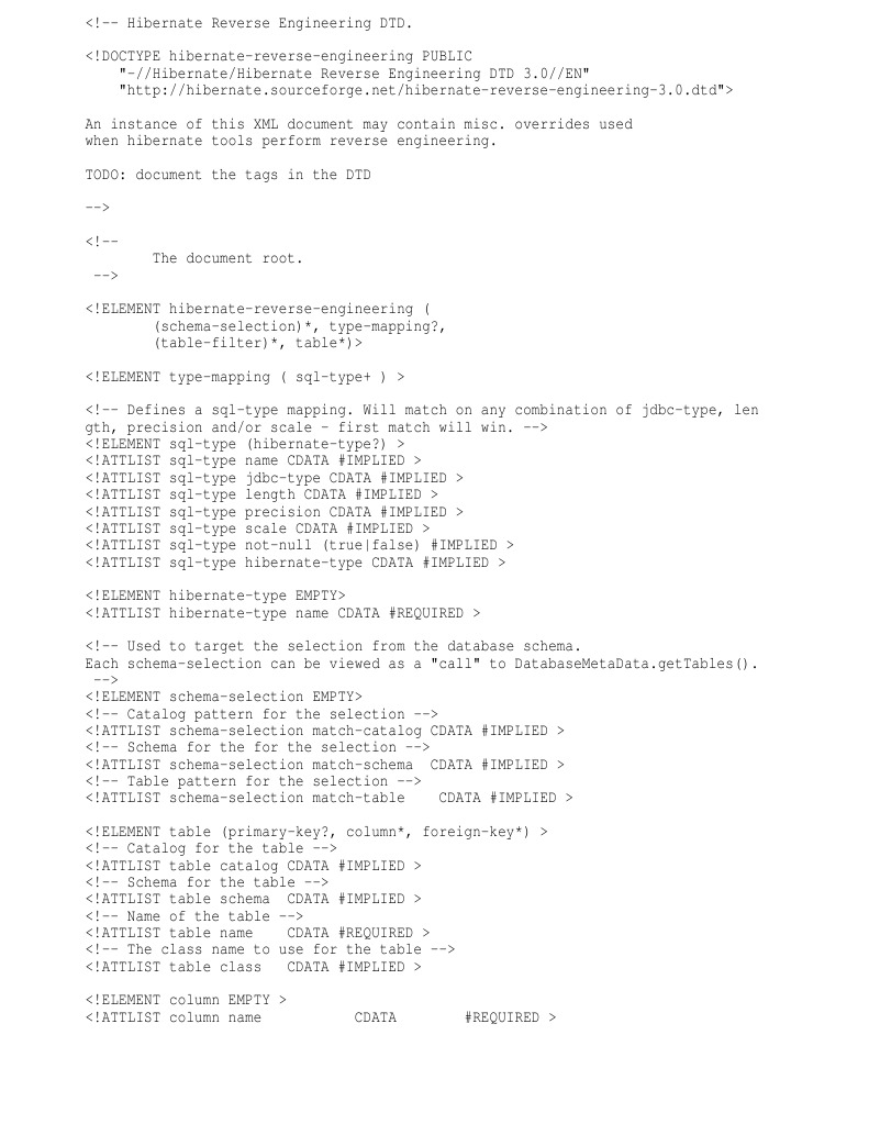 Hibernate Reverse Engineering DTD | PDF | Data Model | Information Technology Management