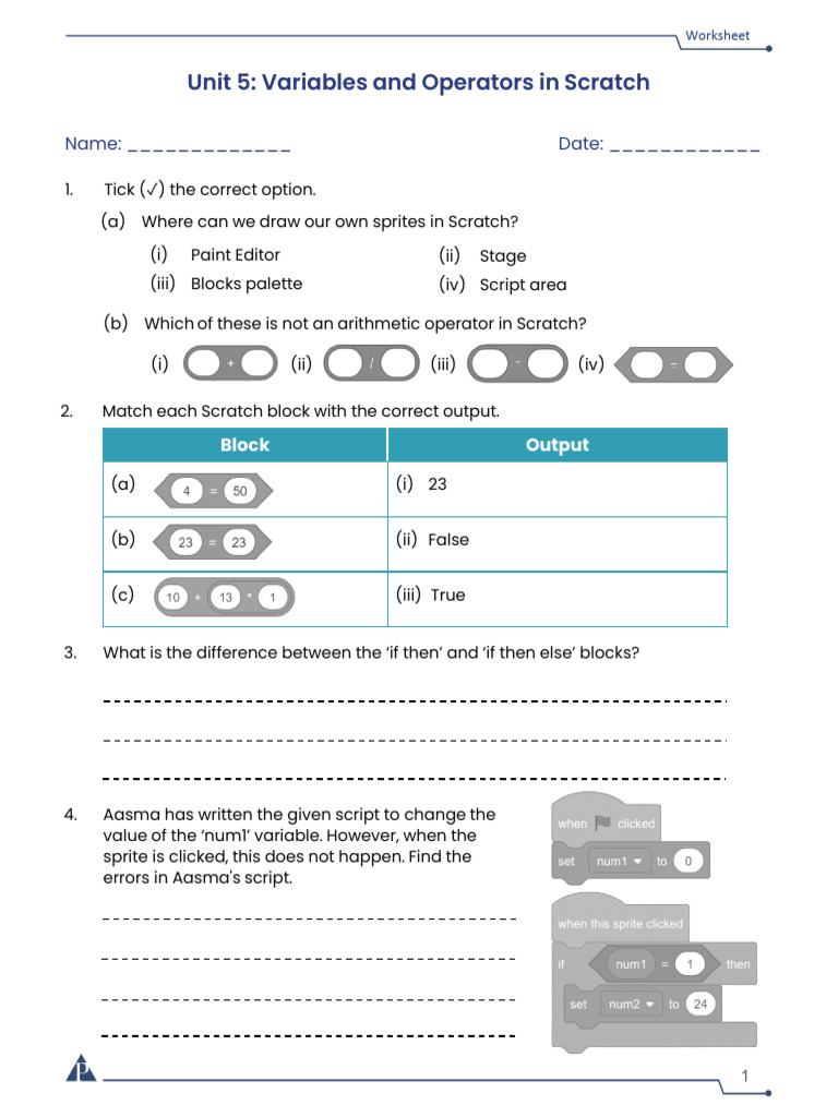 Scratch Variables and Operators Worksheet | PDF