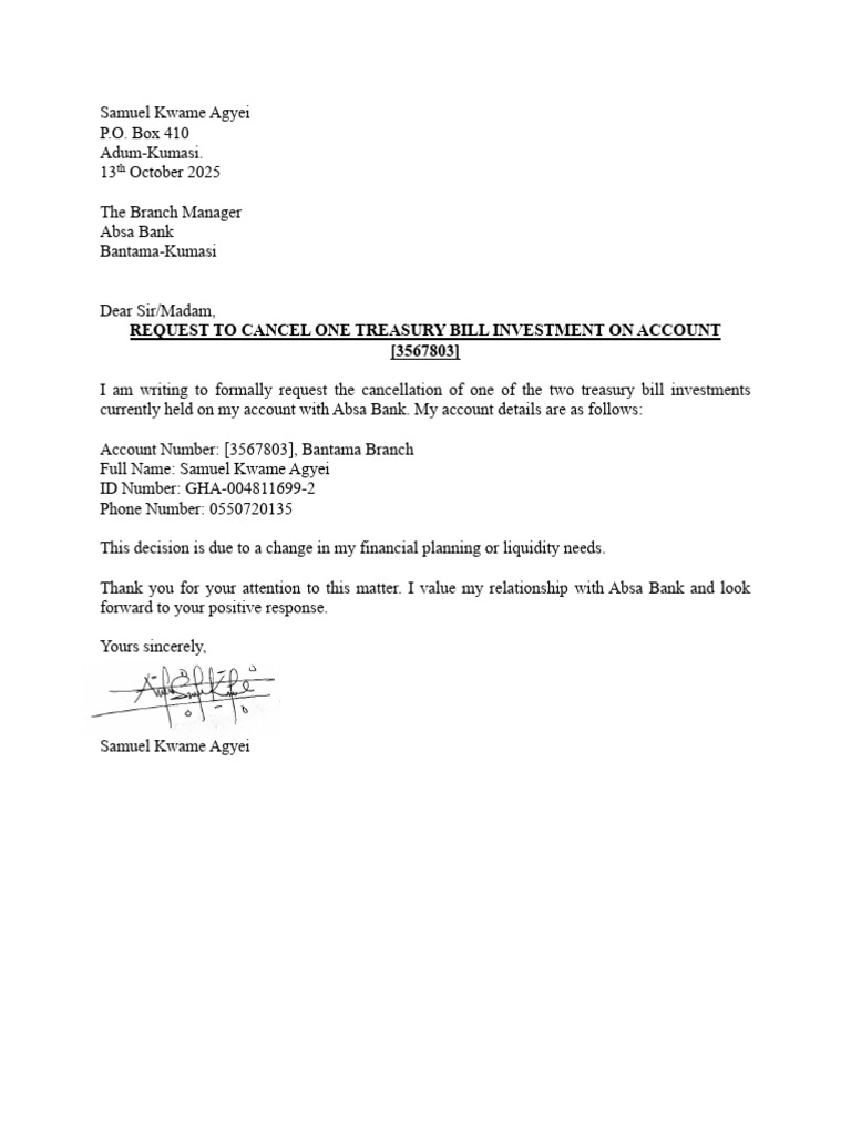 Request to Cancel Treasury Bill Investment | PDF