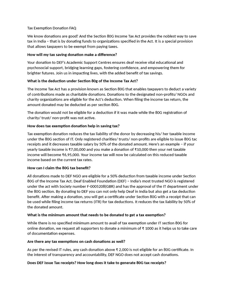 Tax Exemption Donation FAQ | PDF | Donation | Charitable Organization