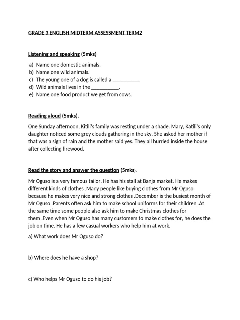 Grade 3 English Midterm Assessment Term2 | PDF