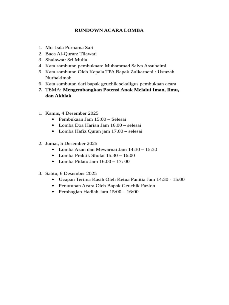 Rundown Acara Lomba 1 | PDF