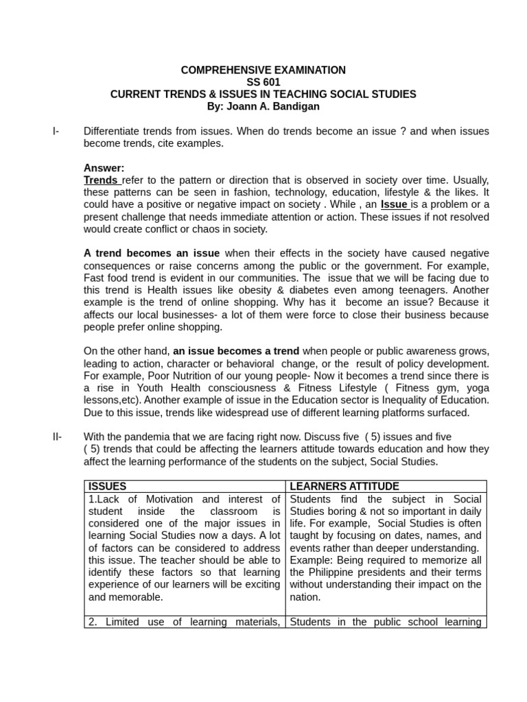 Trends and Issues in Social Studies Education | PDF | Learning | Teachers