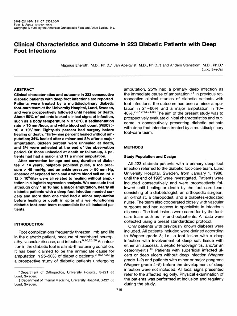 Clinical Characteristics and Outcome in 223 Diabetic Patients With Deep ...