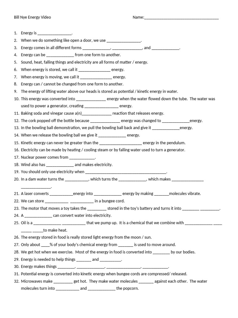Bill Nye Energy Worksheet | PDF | Water