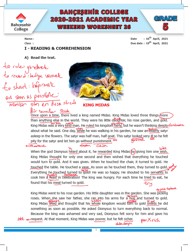 King Midas Reading Comprehension Worksheet | PDF | Prometheus | Zeus