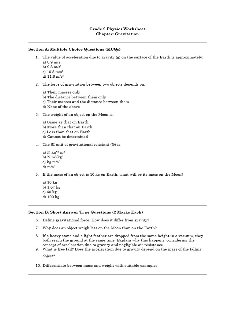 Grade 9 Gravitation Physics Worksheet | PDF | Weight | Mass