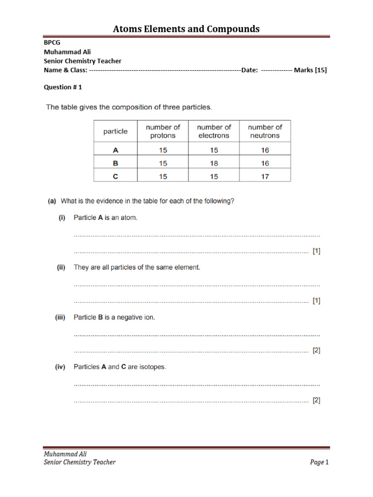 Atoms, Elements and Compounds - Test | PDF