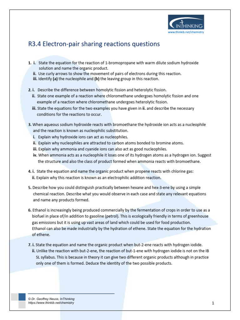 Q r3.4 Electron Pair Sharing Reactions Questions | PDF | Chemical ...
