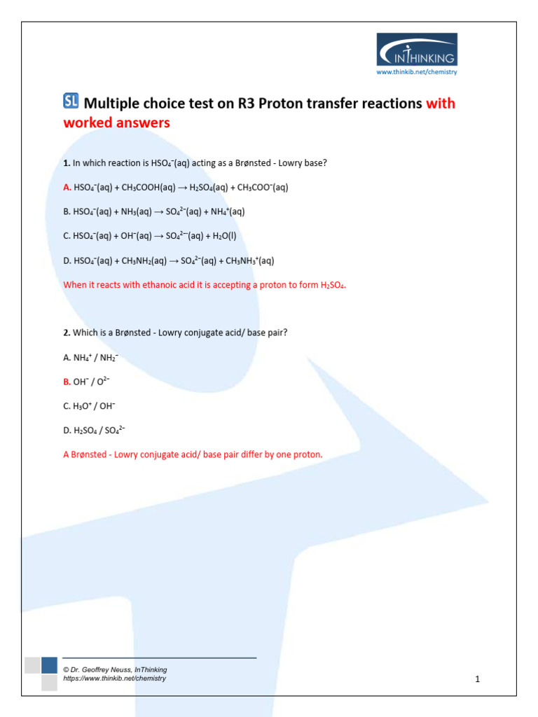 Ans SL MC Test r3 Proton Transfer Reactions | PDF | Acid | Hydrochloric ...