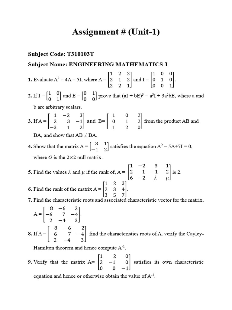 Engineering Mathematics I Assignments | PDF | Matrix (Mathematics ...
