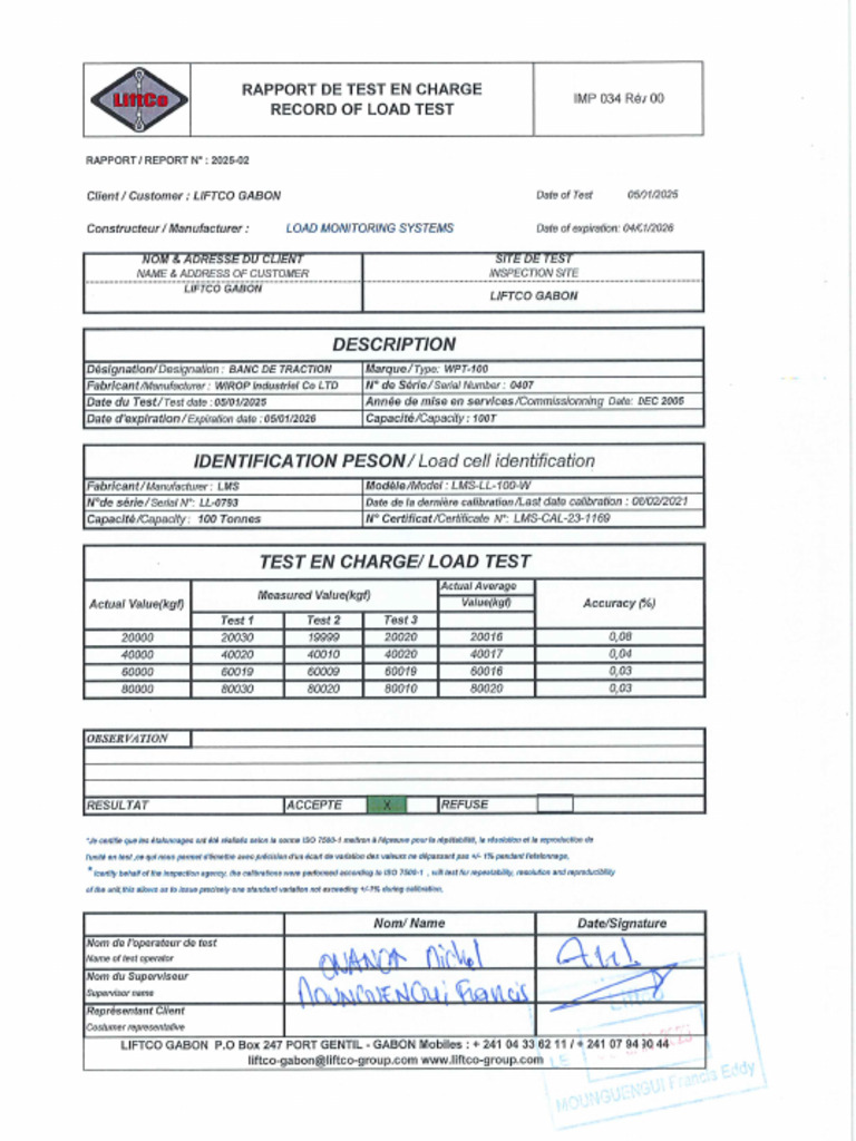 Certificat Peson 100T LMS LL-0793 (Dlu 04-01-2026) | PDF
