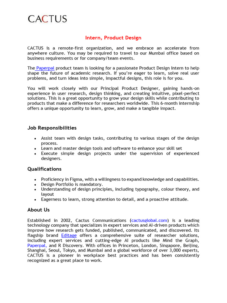 Product Design Internship at CACTUS | PDF