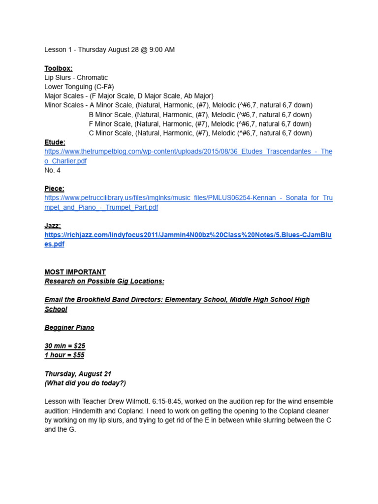 Trumpet Lesson Plans and Practice Logs | PDF | Scale (Music) | Jazz