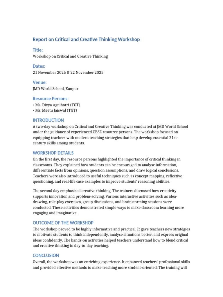 Critical and Creative Thinking Workshop Report | PDF