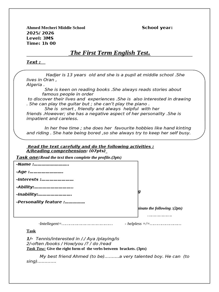 The First Term English Test | PDF | Linguistic Morphology | Language ...