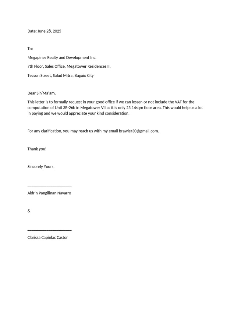 Request to Waive VAT for Unit 3B-26b | PDF