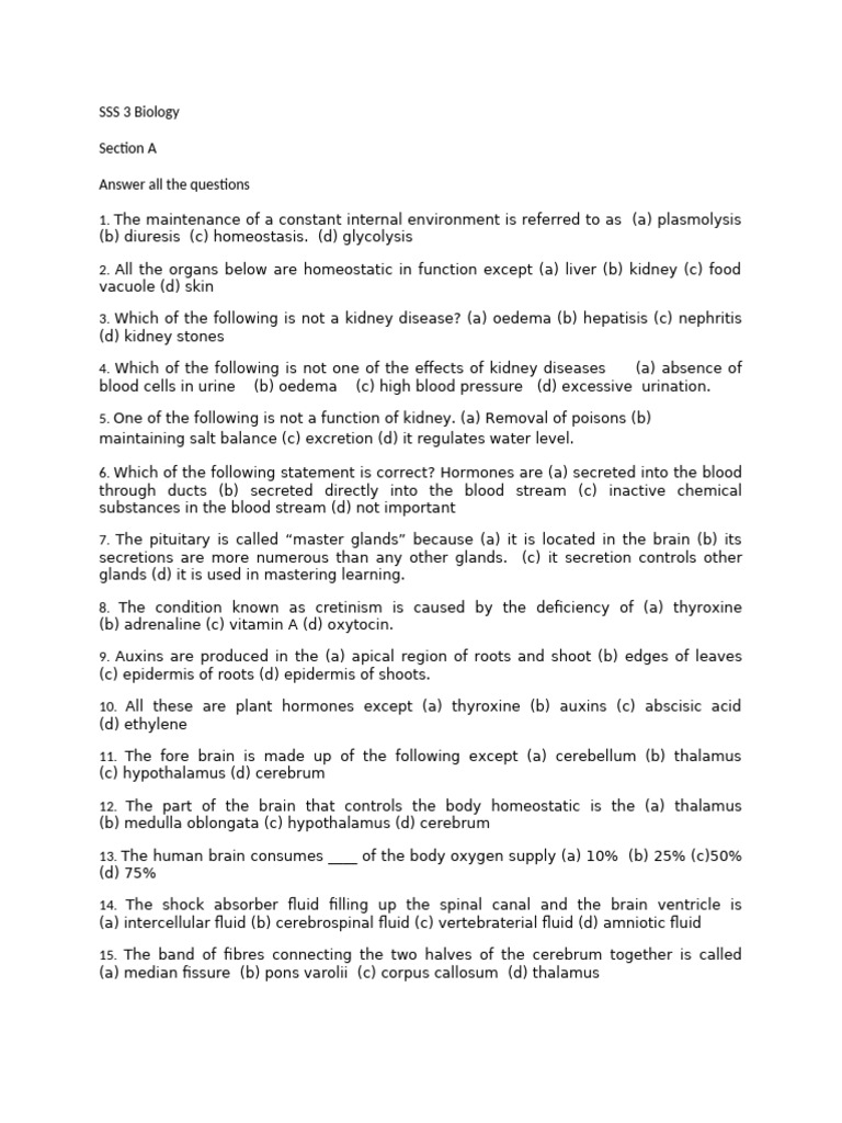 SSS 3 Biology First Term | PDF | Hormone | Kidney