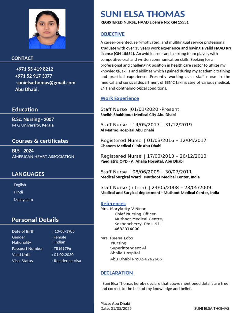 Suni Elsa Thomas_resume_2025 May 01 (1) | PDF | Nursing | Health Care