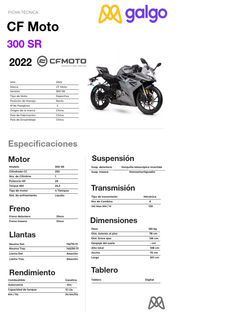 Especificaciones CF Moto 300 SR 2022 | PDF