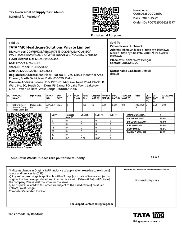 Laketown Titan Eye Opening Bill 01-10-25 | PDF | Invoice | Economy Of India