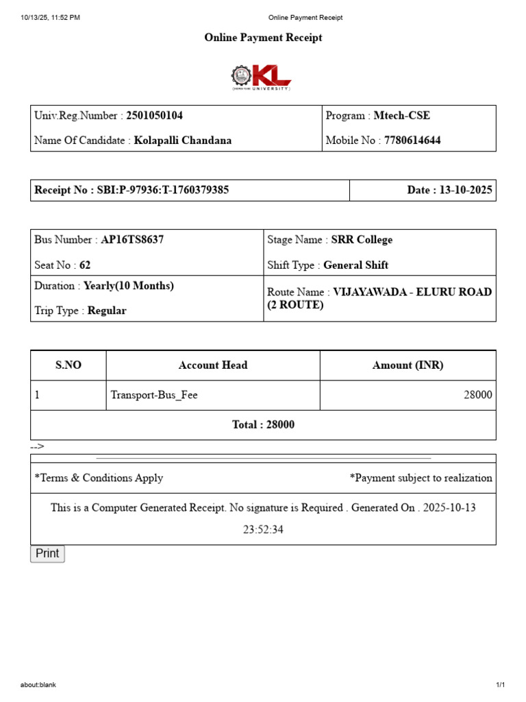MTech-CSE Online Payment Receipt | PDF