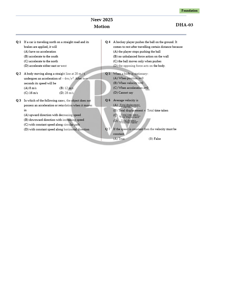 Motion - DHA 03 - Neev 2025 | PDF | Acceleration | Velocity