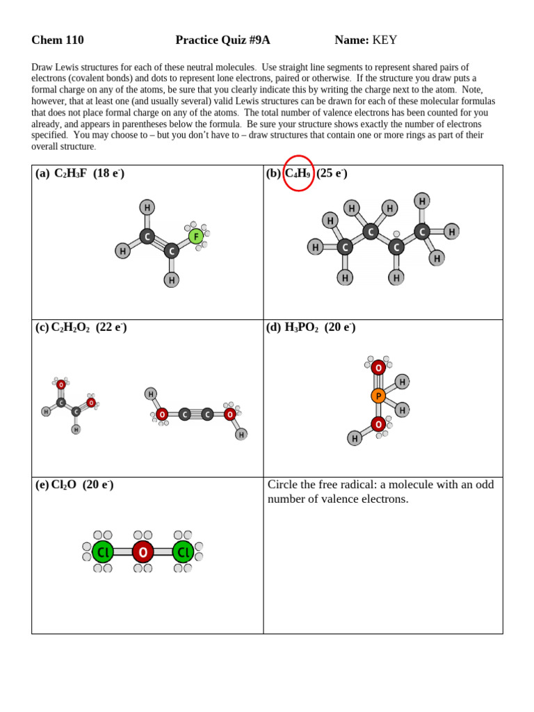 Lewis Structure Practice Quiz for Chem 110 | PDF | Covalent Bond ...