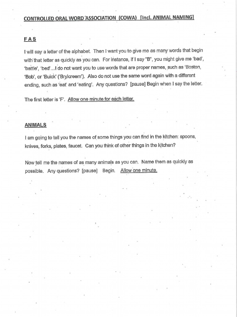 Controlled Oral Word Association FAS Test (COWA) | PDF | Domestic ...