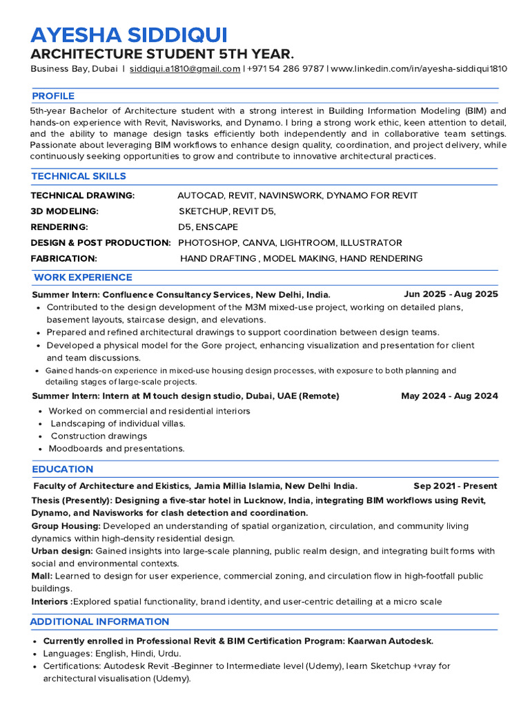 Ayesha Siddiqui Resume | PDF | Building Information Modeling | Autodesk Revit