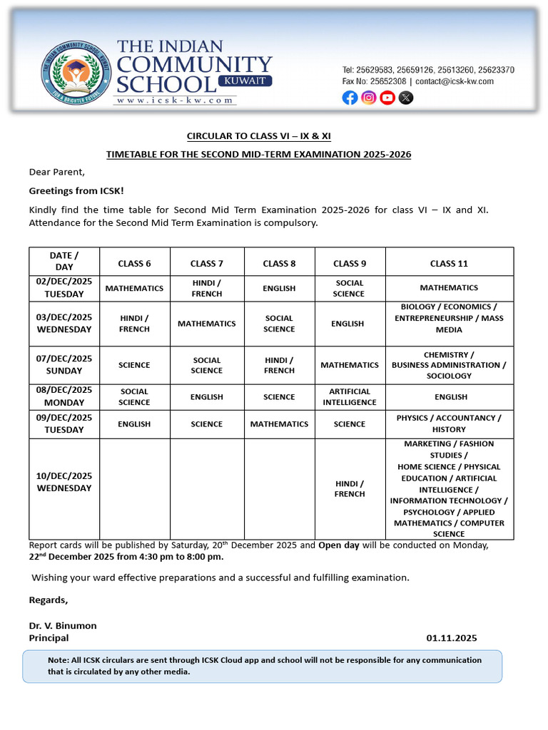 ICSK Mid-Term Exam Timetable 2025-26 | PDF | Science