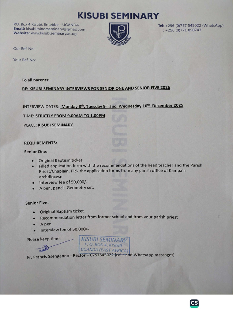 2026 Kisubi Seminary Interview Announcements | PDF