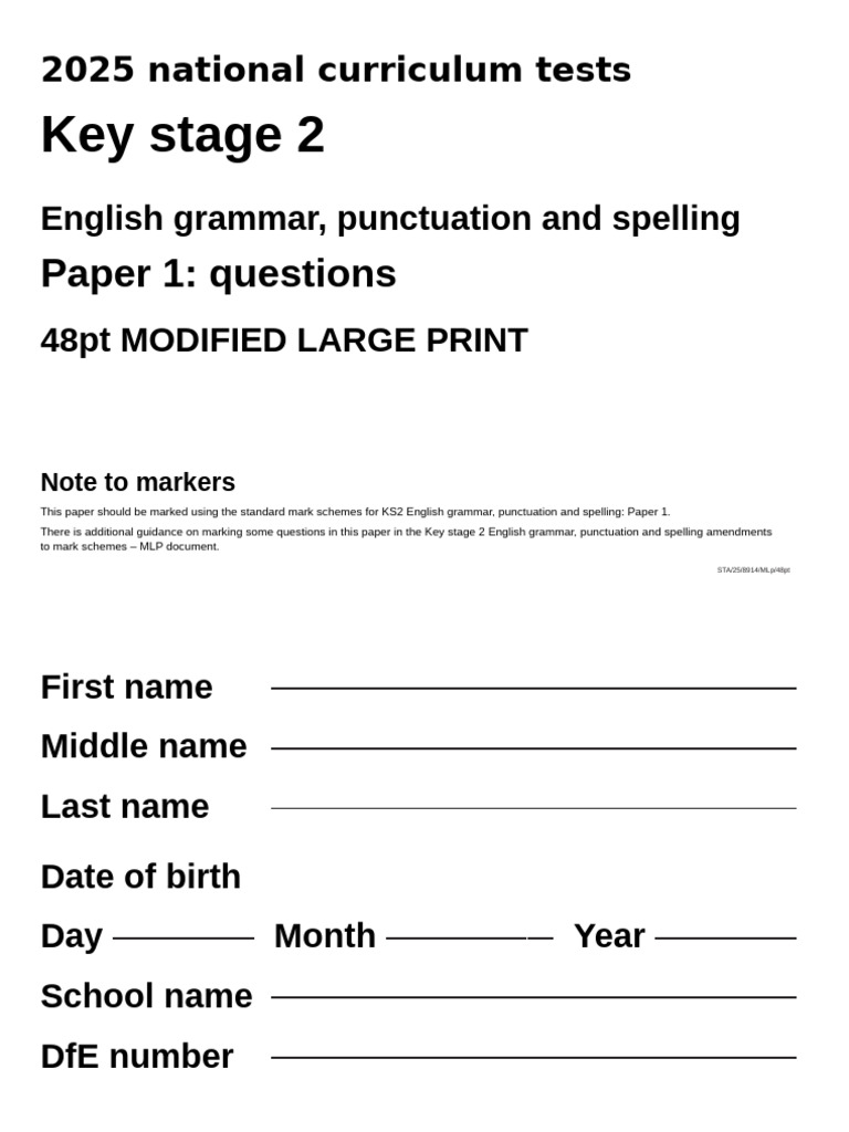 2025 KS2 English GPS MFL Paper1 Questions - Adaptable A3 Landscape 48 ...
