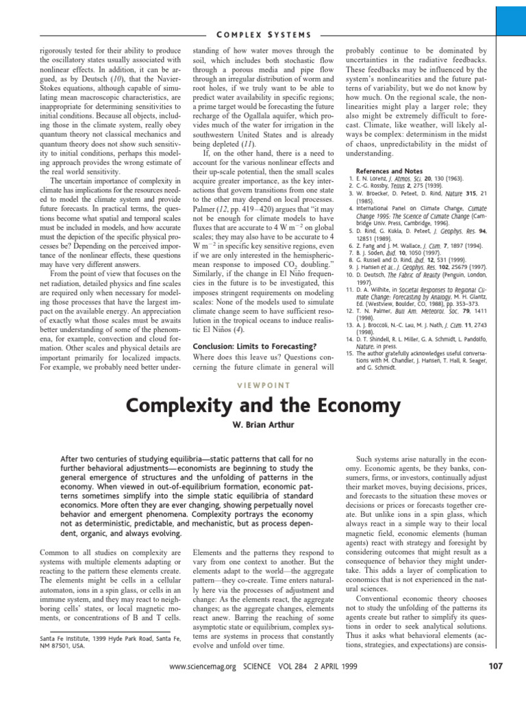 Arthur1999 - Complexity and The Economy | PDF | Economics | Prediction