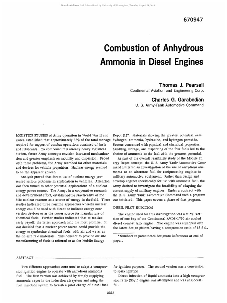 1967 Combustion of Anhydrous Ammonia in Diesel Engines | PDF | Diesel ...
